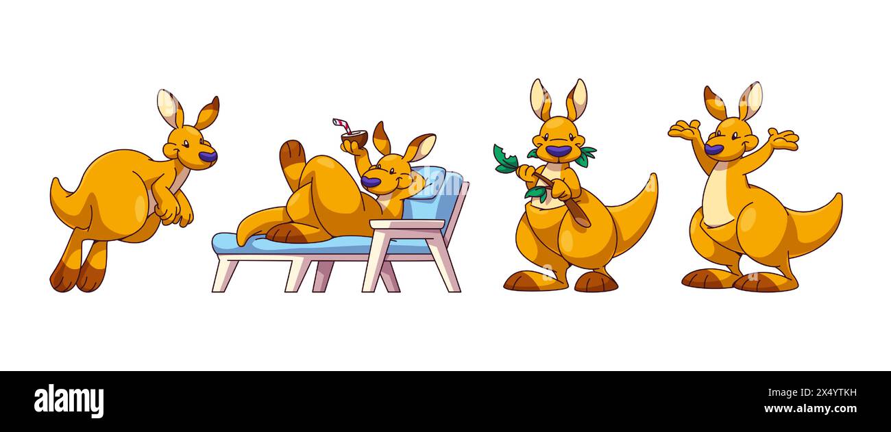 Cute kangaroo animals set isolated on white background. Vector cartoon ...