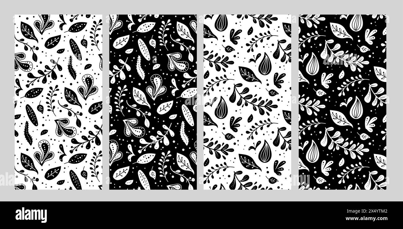 Seamless neo folk art vector patterns set with flowers, black and white ...