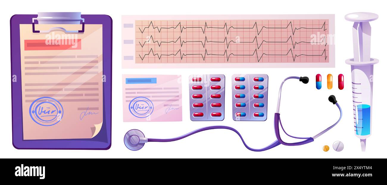 Doctor equipment and working elements for desk top view design. Cartoon ...