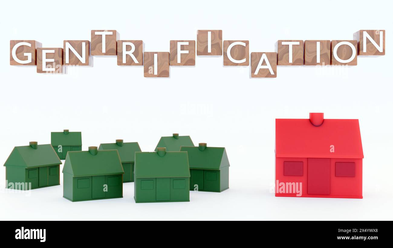 3d rendering of a wooden block spelling out the word “Gentrification ...
