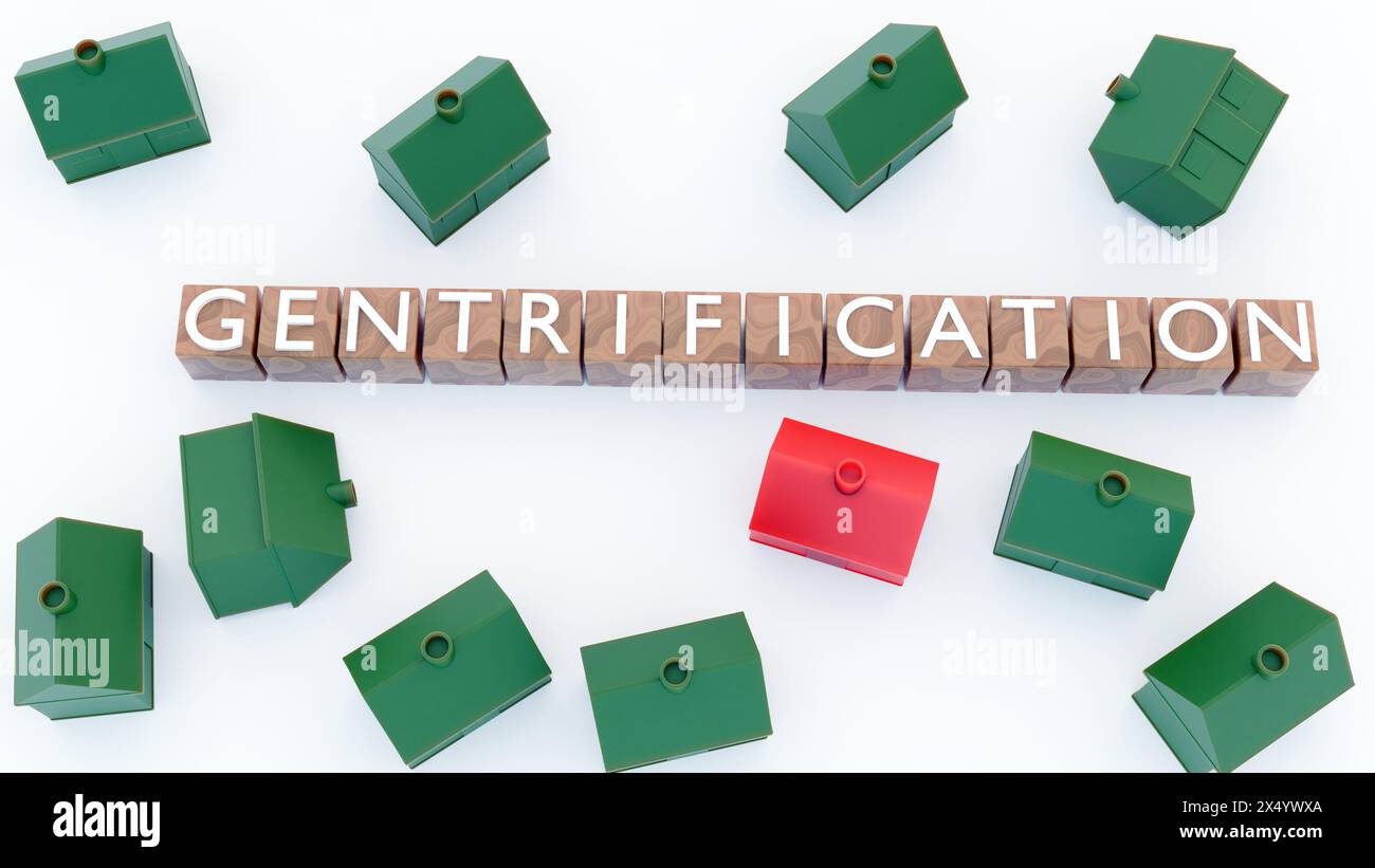 3d rendering of a wooden block spelling out the word “Gentrification ...