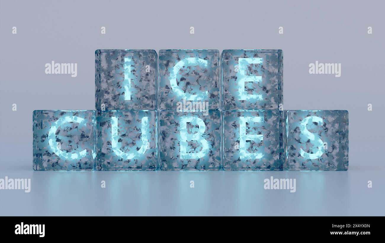 3d rendering of glowing ice cube texts inside of ice cubes Stock Photo ...
