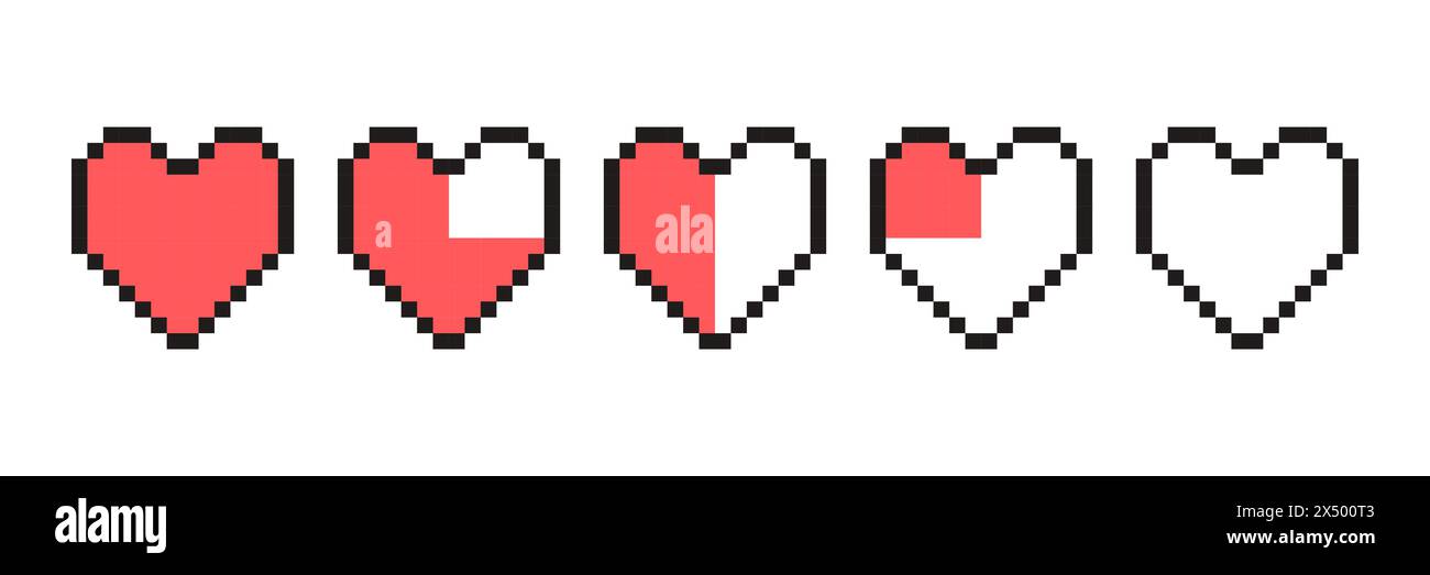 Pixel game life bar. Vector art 8 bit health heart bar. Gaming ...