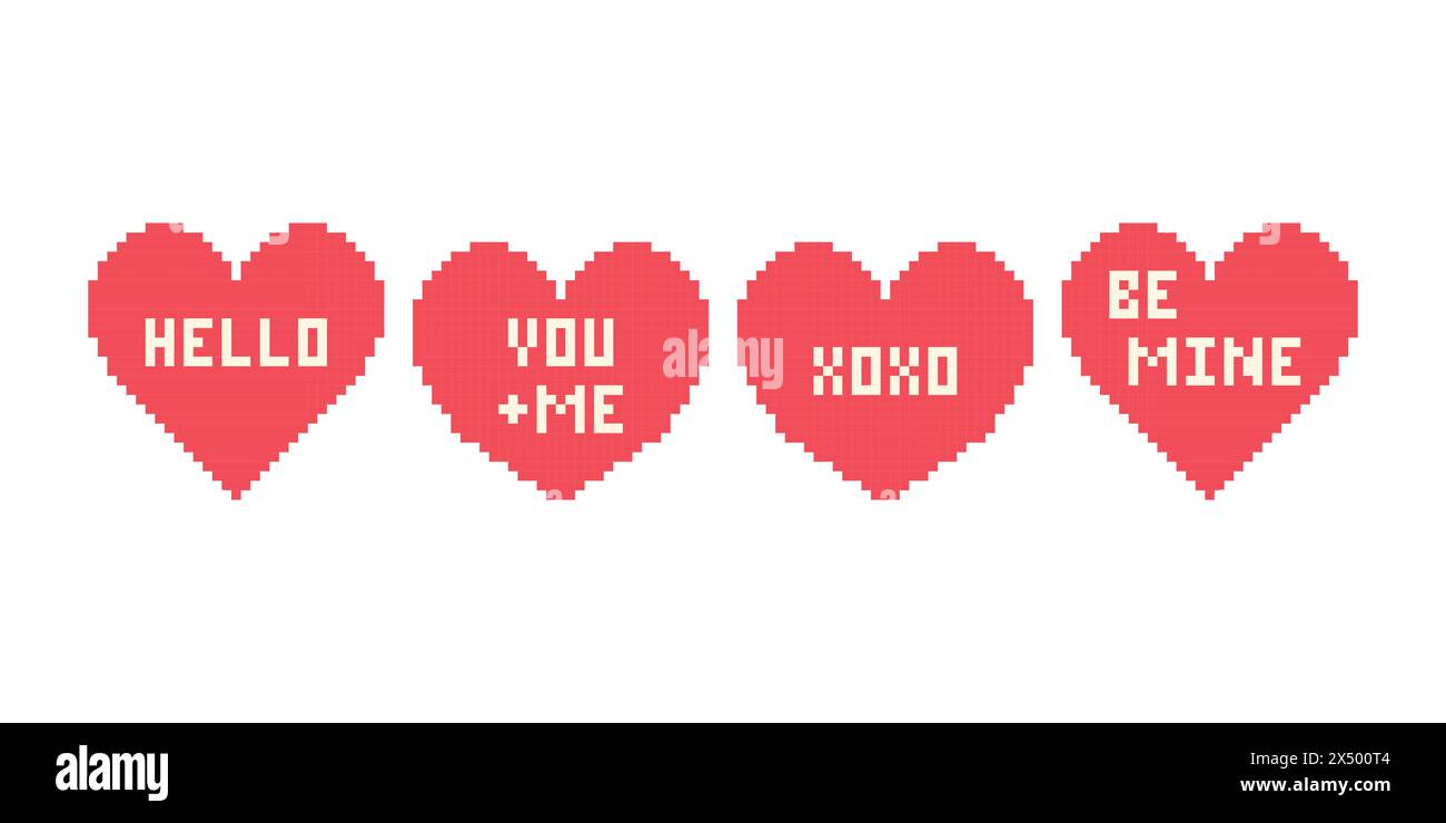 Pixel heart set with text in retro style. Vintage love symbol, 8 bit ...