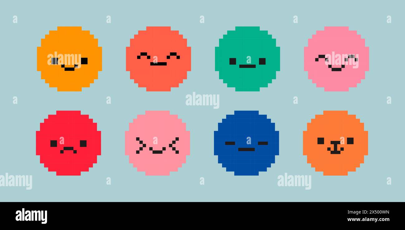 Pixel face set. Various pixel art faces, happy and sad. 8bit acid style pixelated face. Vector ...