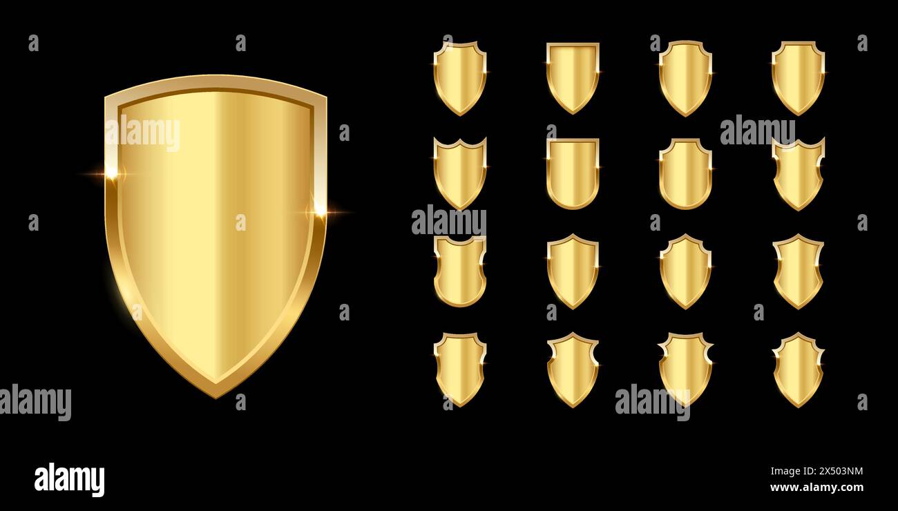 Gold metal shields with reflection in shiny frames set. Military emblem ...