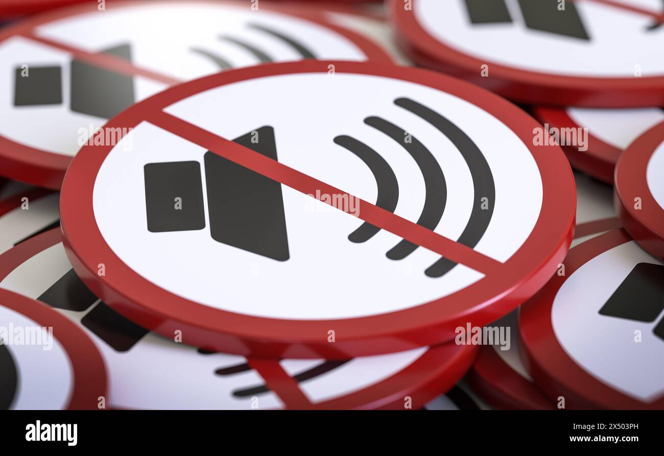 Noise pollution and regulation concept. Circular signs with crossed-out ...