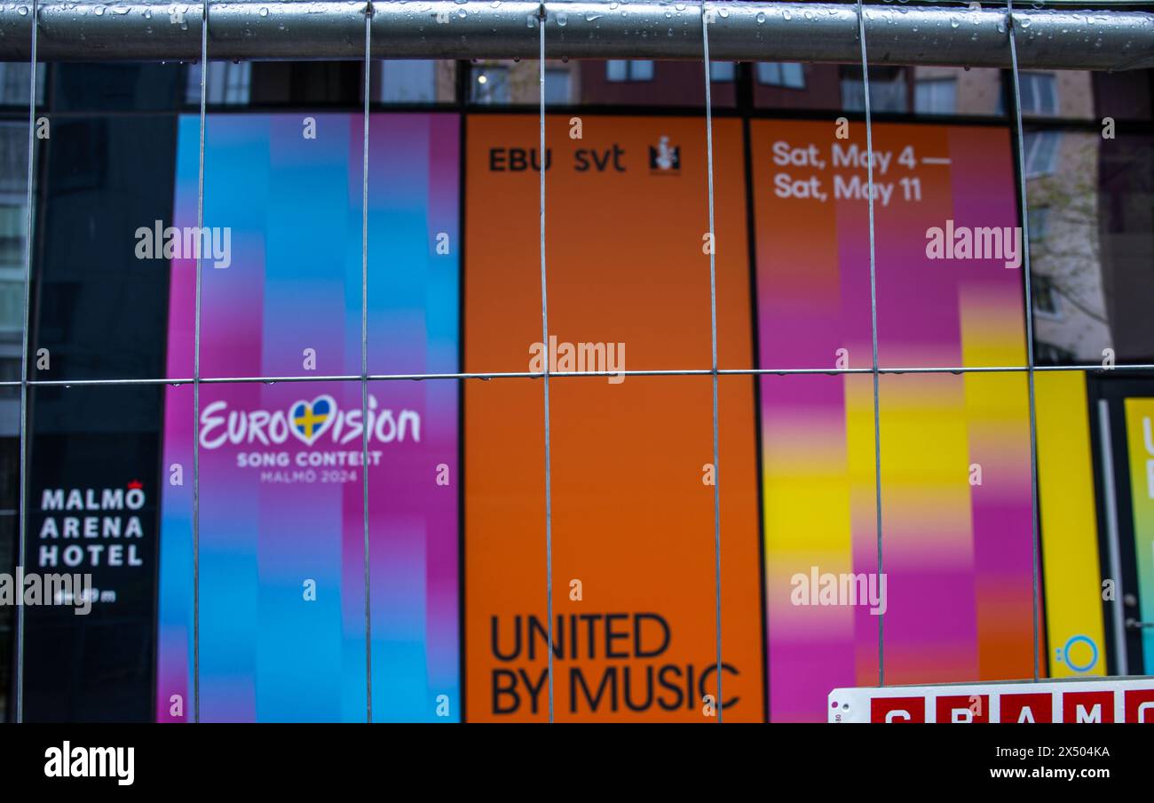 06 May 2024, Sweden, Malmö: Advertising boards for the EuroVision Song ...