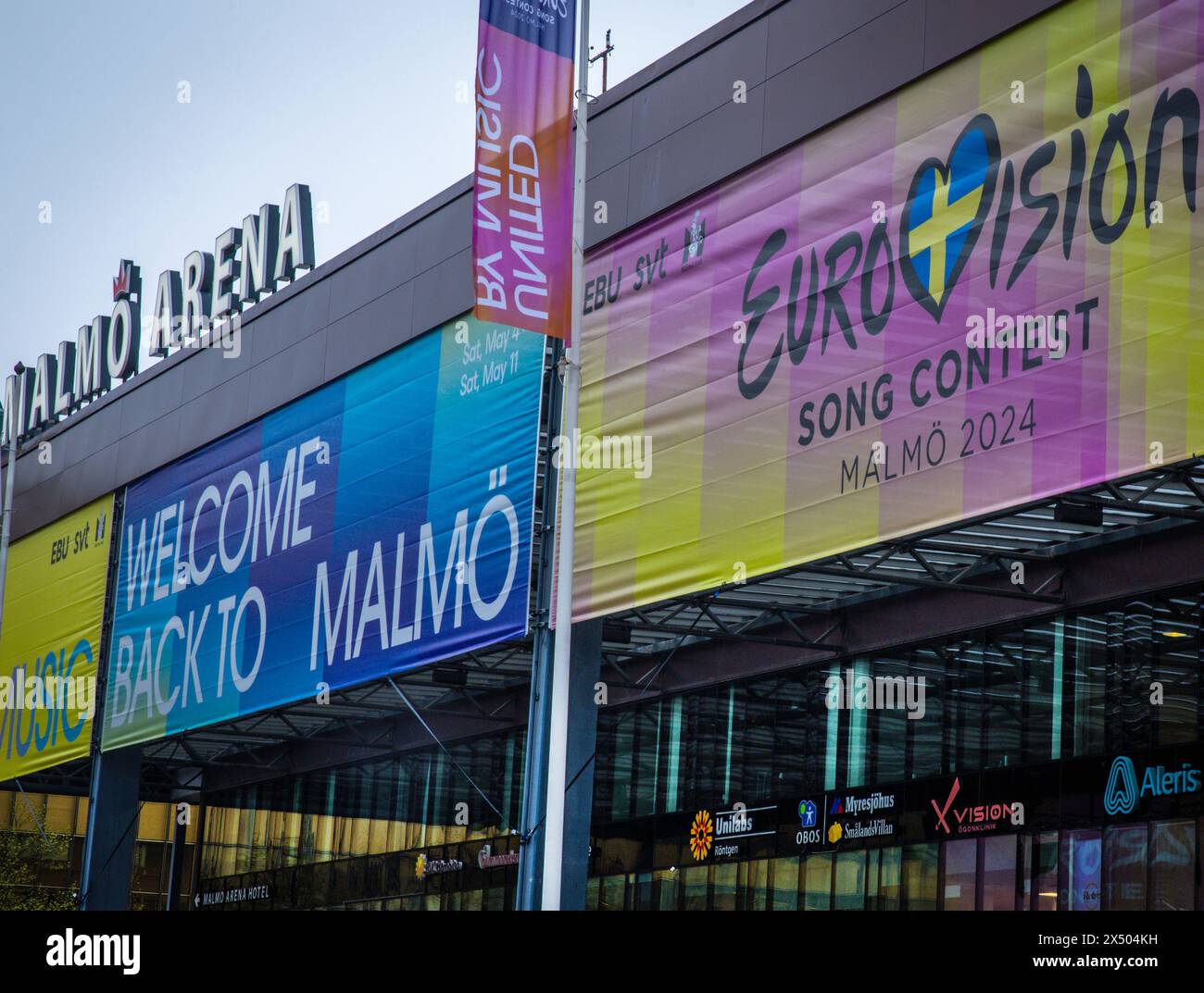 06 May 2024, Sweden, Malmö: Advertising boards for the EuroVision Song ...