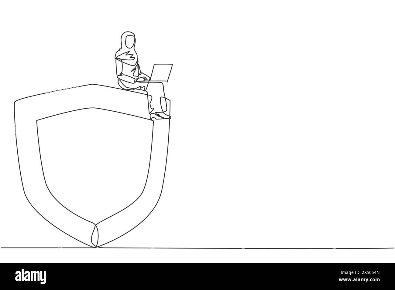 One single line drawing Arabian businesswoman sitting on giant shield ...