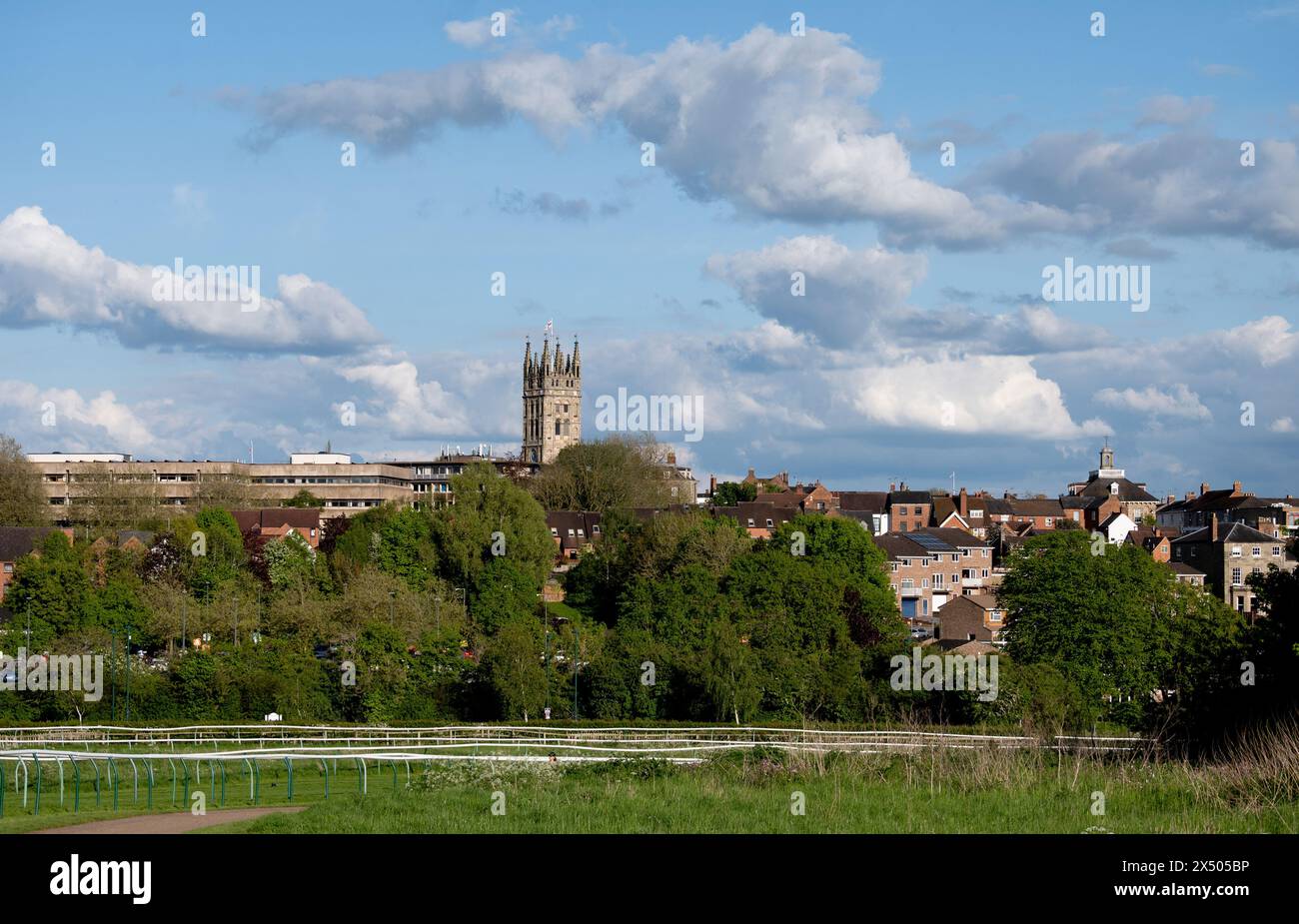 Warwick town centre seen from the racecourse, Warwickshire, England, UK ...