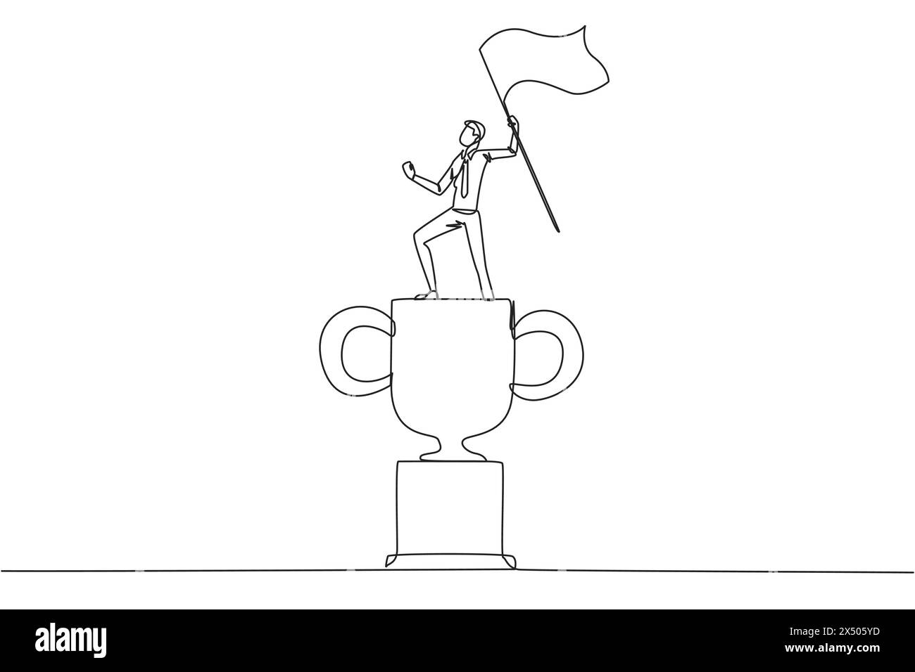 Single continuous line drawing young businessman standing on giant ...