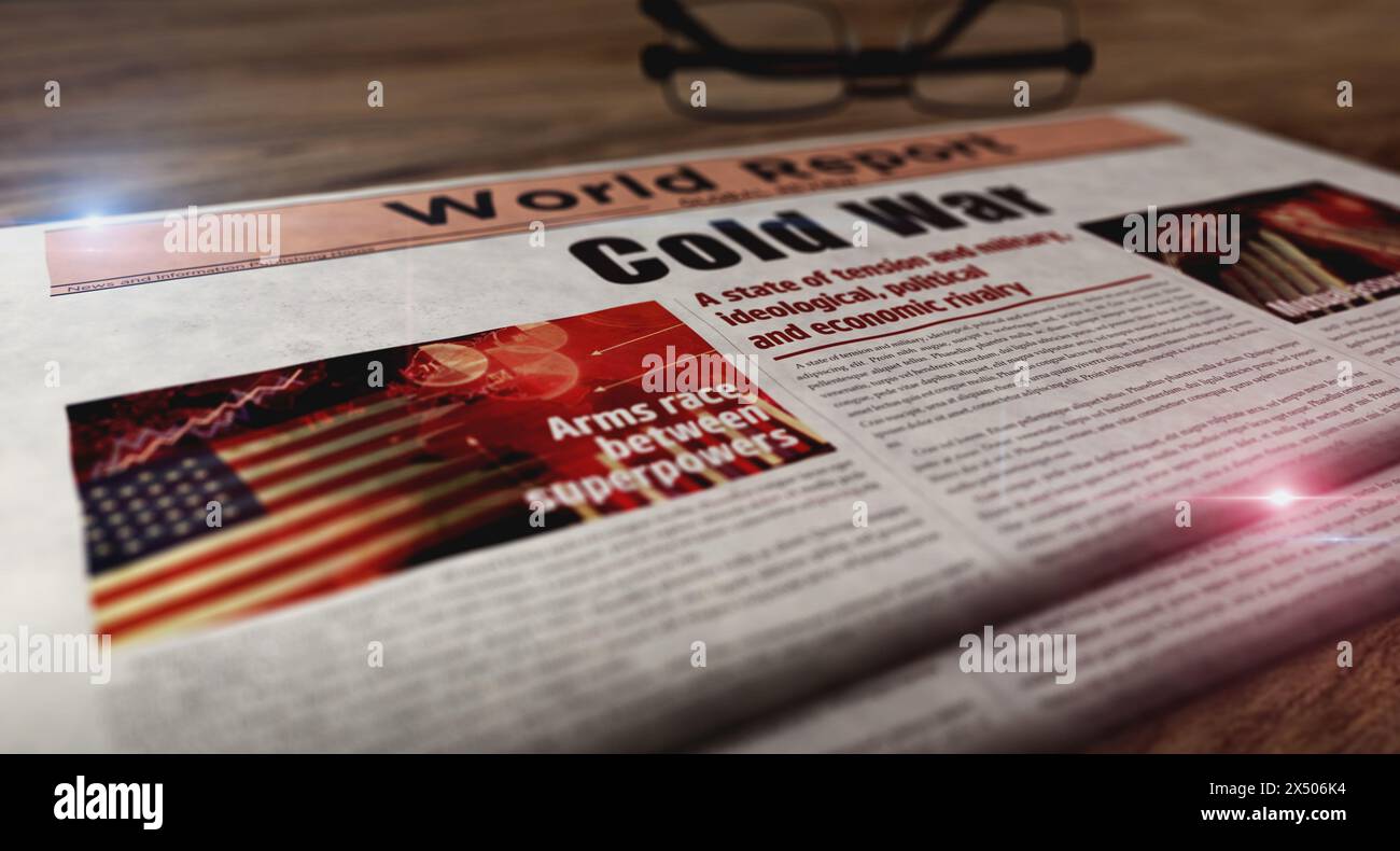 Cold war and arms race political conflict daily newspaper reading on ...