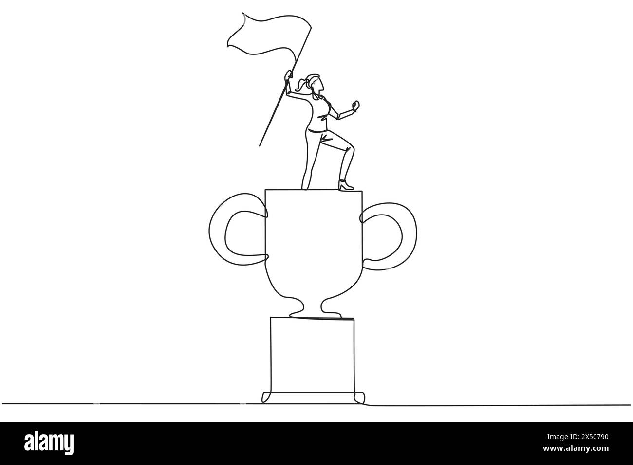 Single continuous line drawing young businesswoman standing on giant ...