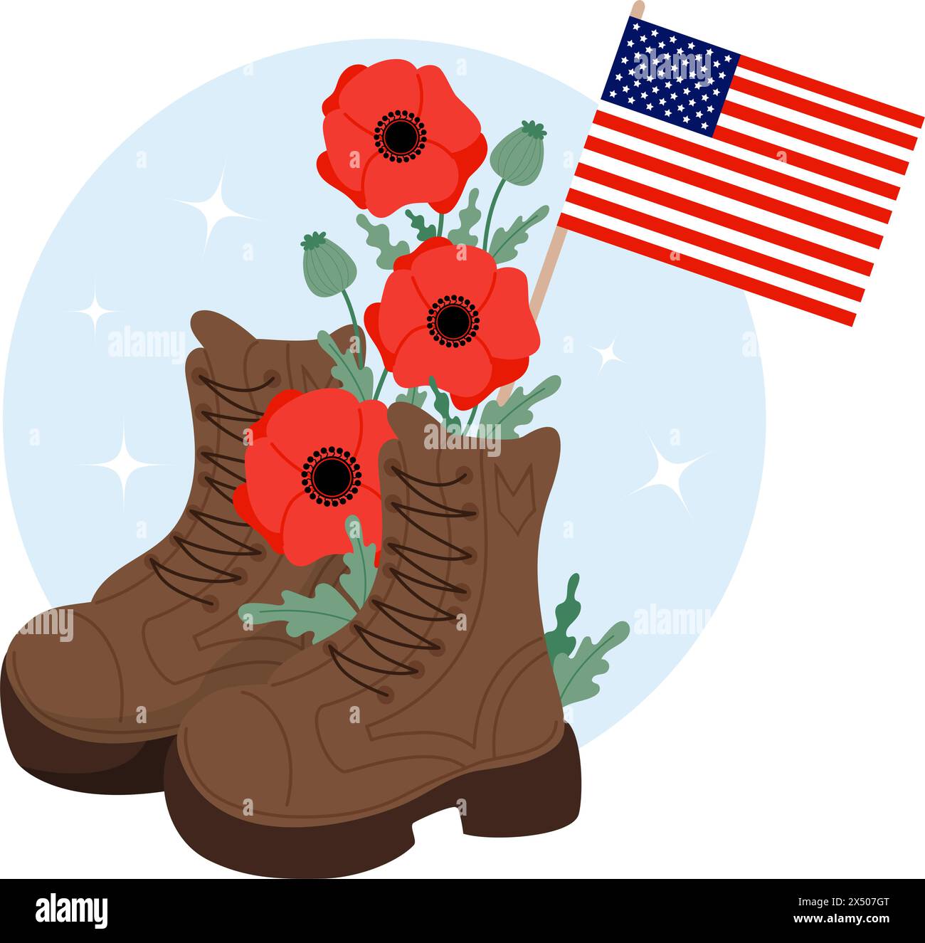 Military veteran boots with bouquet red poppy flowers and American flag ...