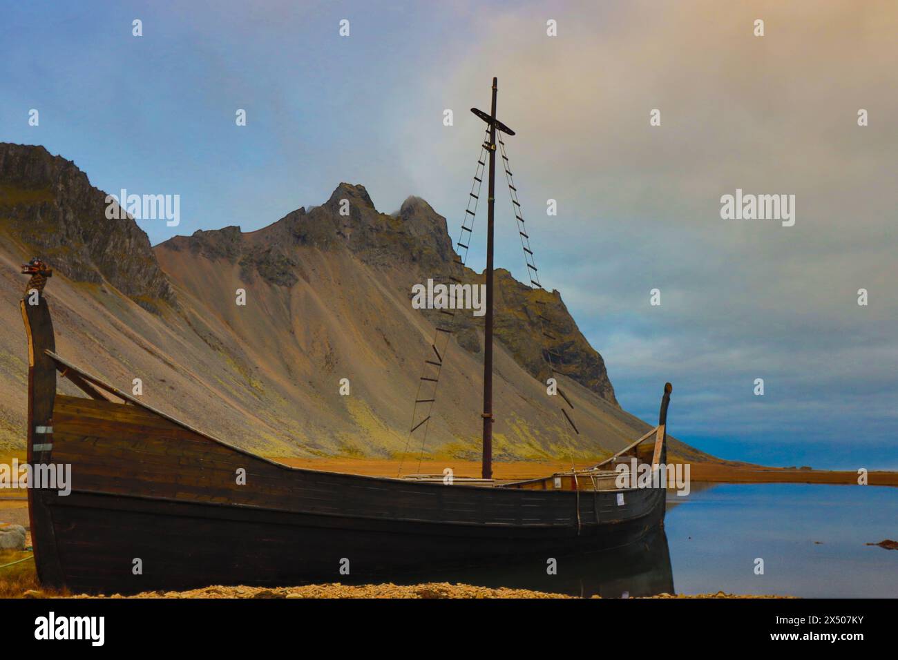 beautiful viking ship in vestrahorn, known as batman's mountain. trip ...