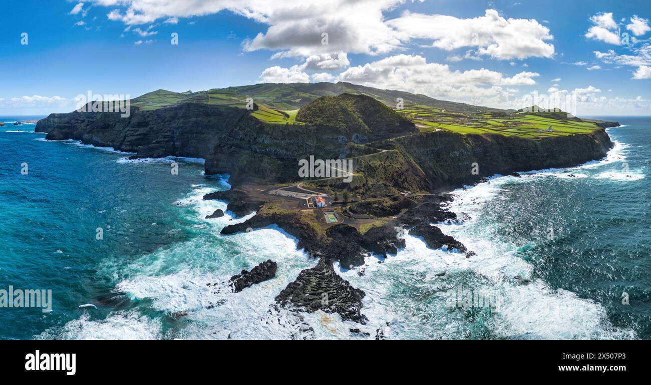 Drone view of Ponta da Ferraria, Sao Miguel, Azores, Natural volcanic ...
