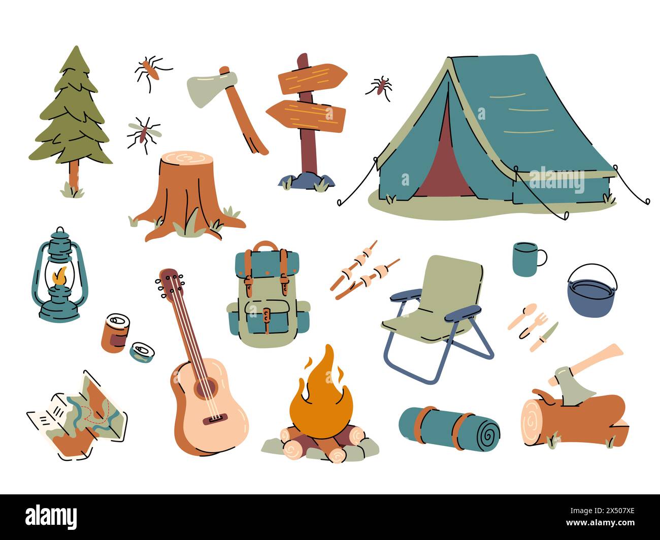 Camping, hiking items set. Camping equipments, travel trekking hiking ...