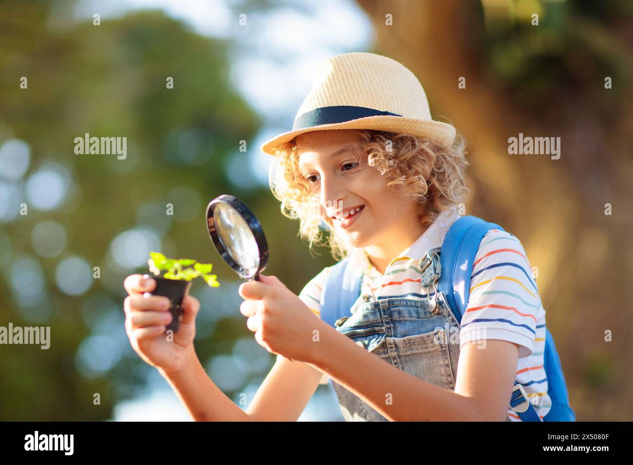 Kids explore nature. Children hike in sunny summer park. Scout club and ...