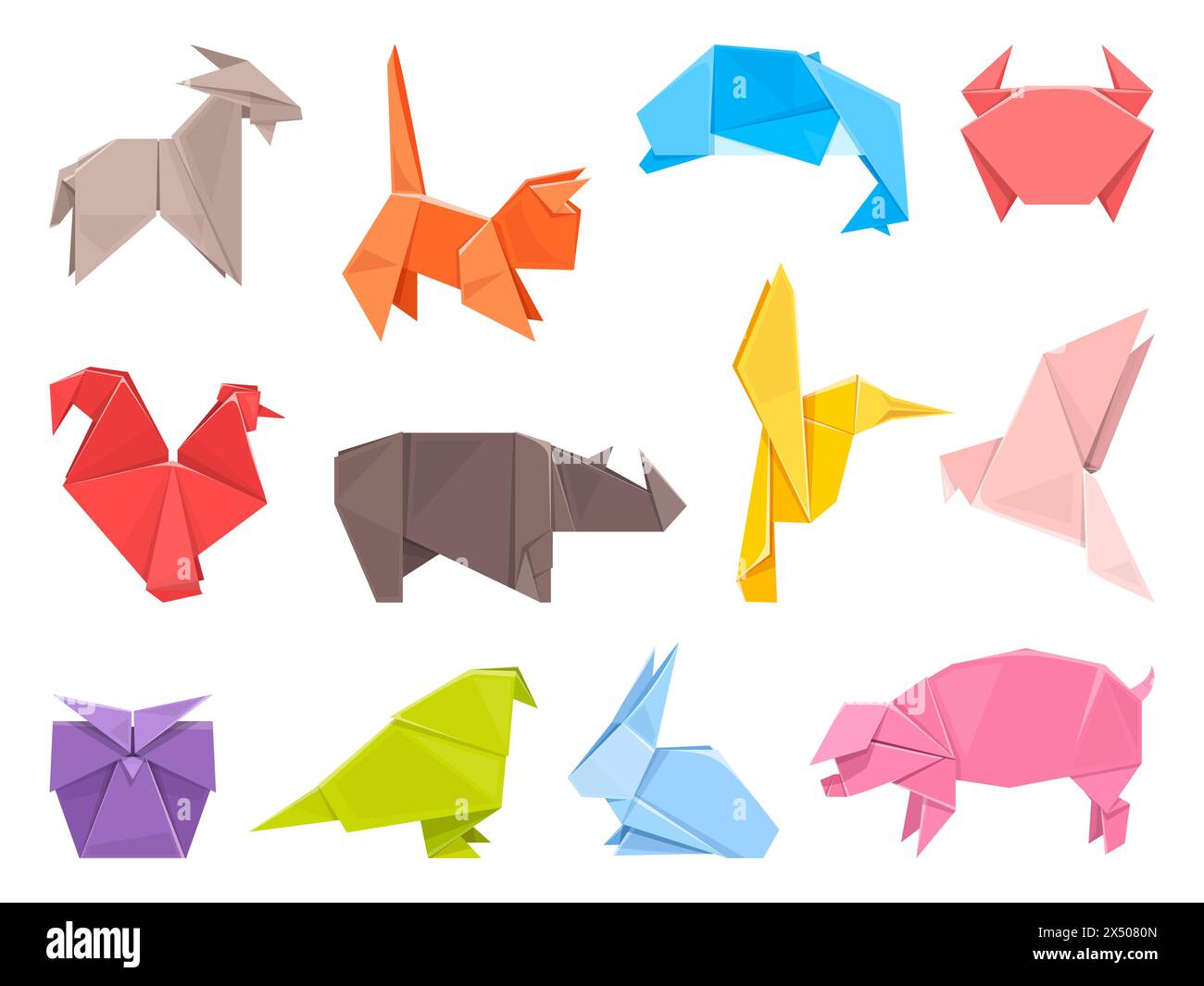 Paper origami animals and birds. Folded colored sheets, fauna ...