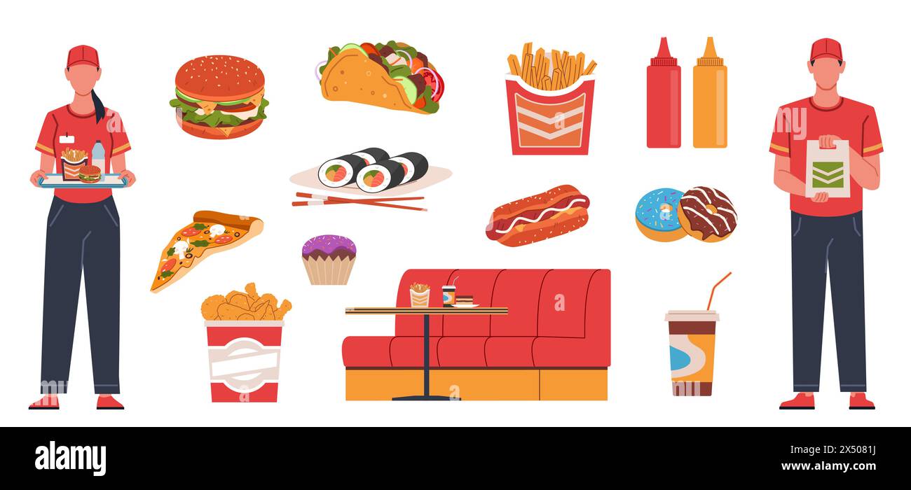 Fast food restaurant. Bistro workers in uniform with tray and bag in ...