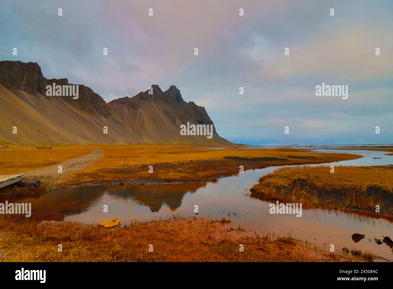 Autumn scenery on the cape of Stokksnes, Iceland, at Vestrahorn, known ...