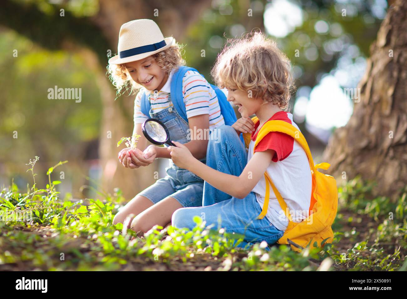 Kids explore nature. Children hike in sunny summer park. Scout club and ...