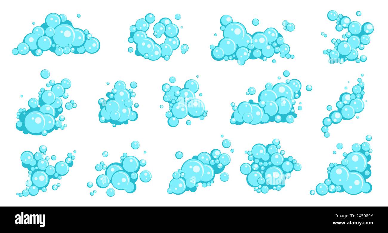Cartoon flat blue soap foam bubbles. Bath shampoo suds, shower gel ...