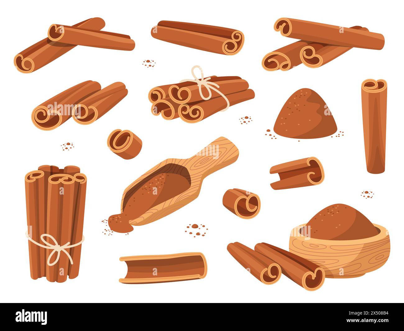 Cartoon cinnamon sticks with powder. Sweet cooking and bakery spices ...