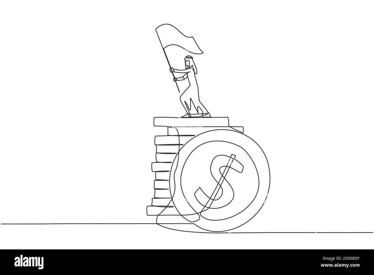 Single continuous line drawing of Arabian businessman standing on stack ...