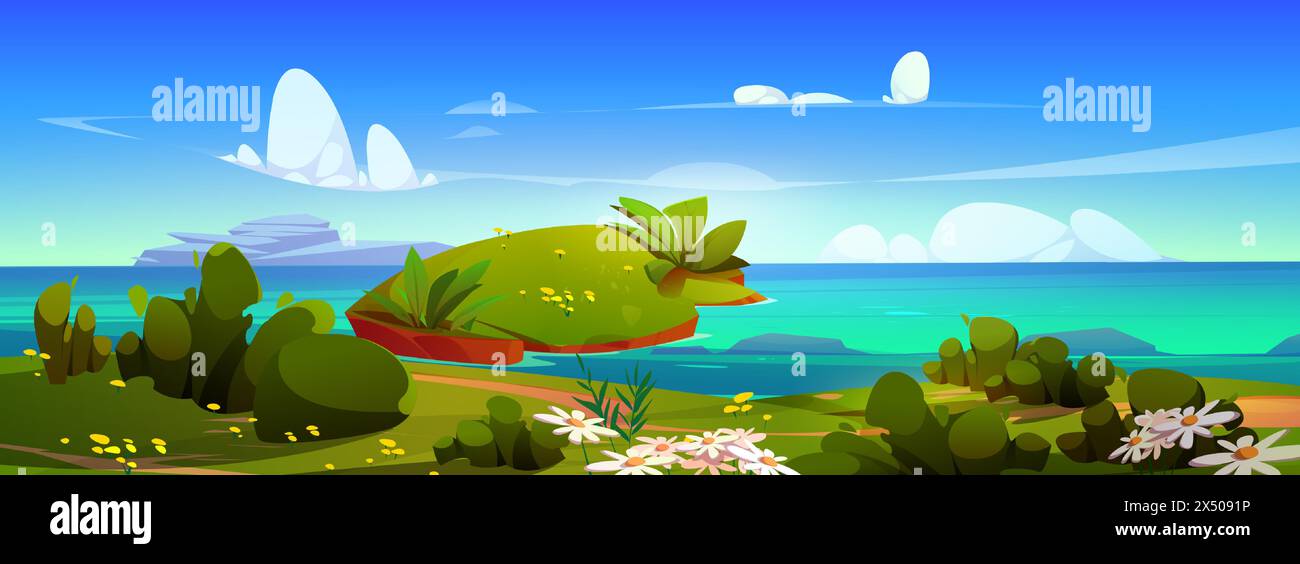 Summer seashore with flowers and green grass. Vector cartoon ...