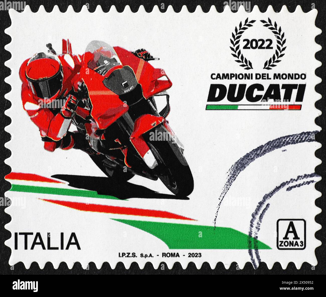Celebration of the world champion Ducati motorcycle on italian stamp ...