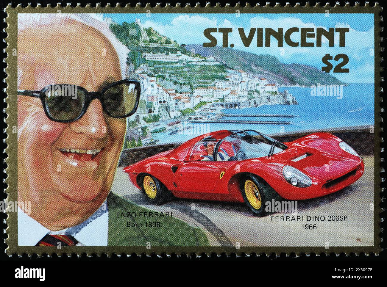 Enzo Ferrari and one of his red cars on postage stamp Stock Photo - Alamy
