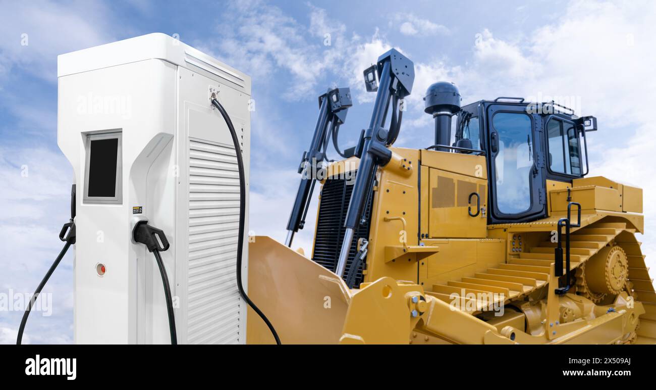 Electric construction bulldozer with charging station. Concept Stock ...