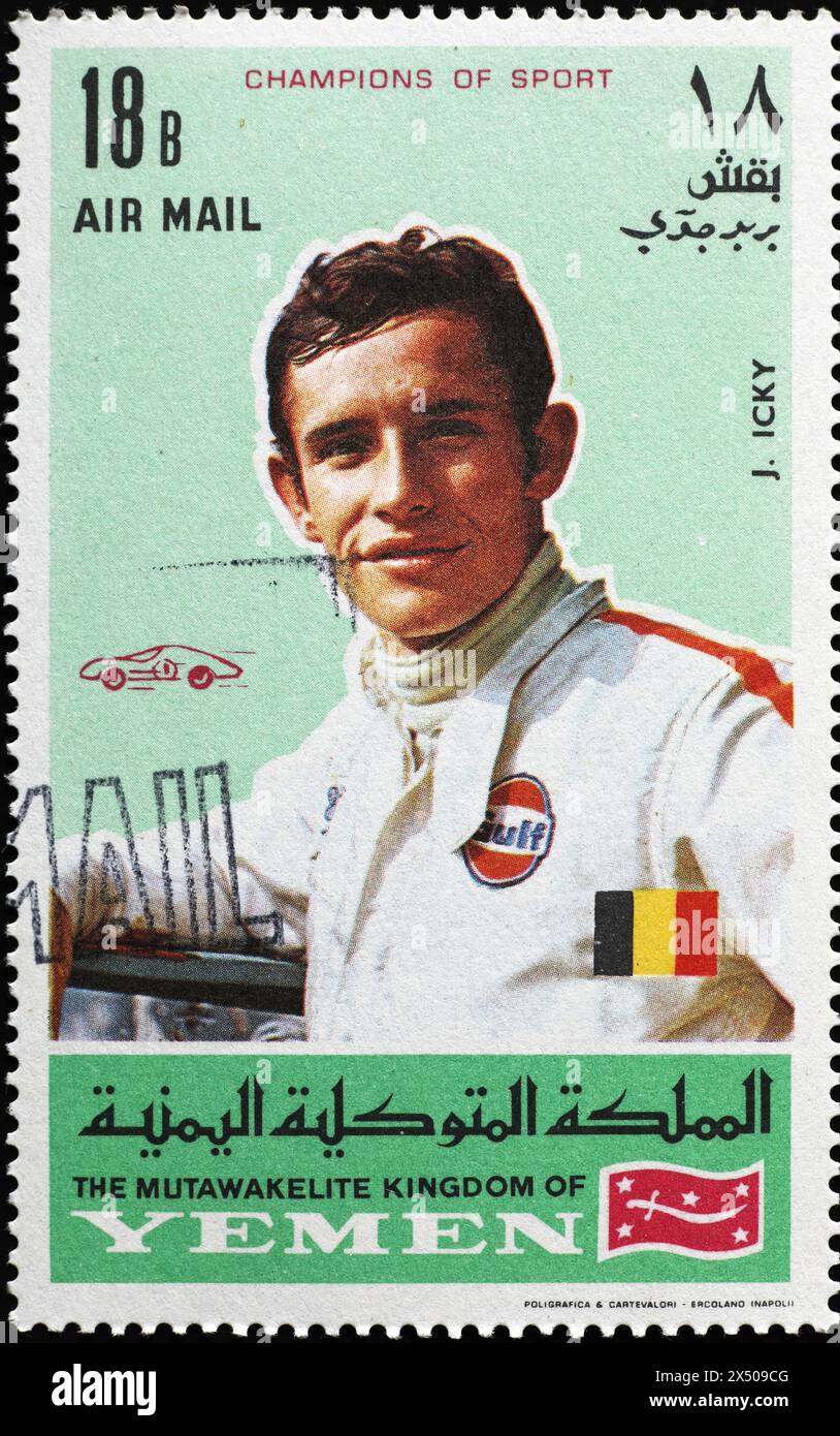 Jacky Ickx portrait on postage stamp of Yemen Stock Photo - Alamy