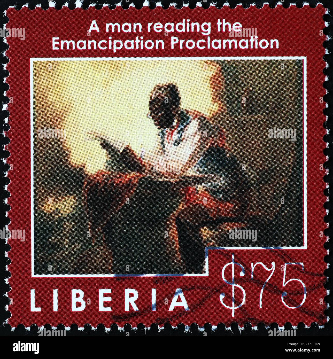 Painting of a black man reading the emancipation proclamation on stamp ...