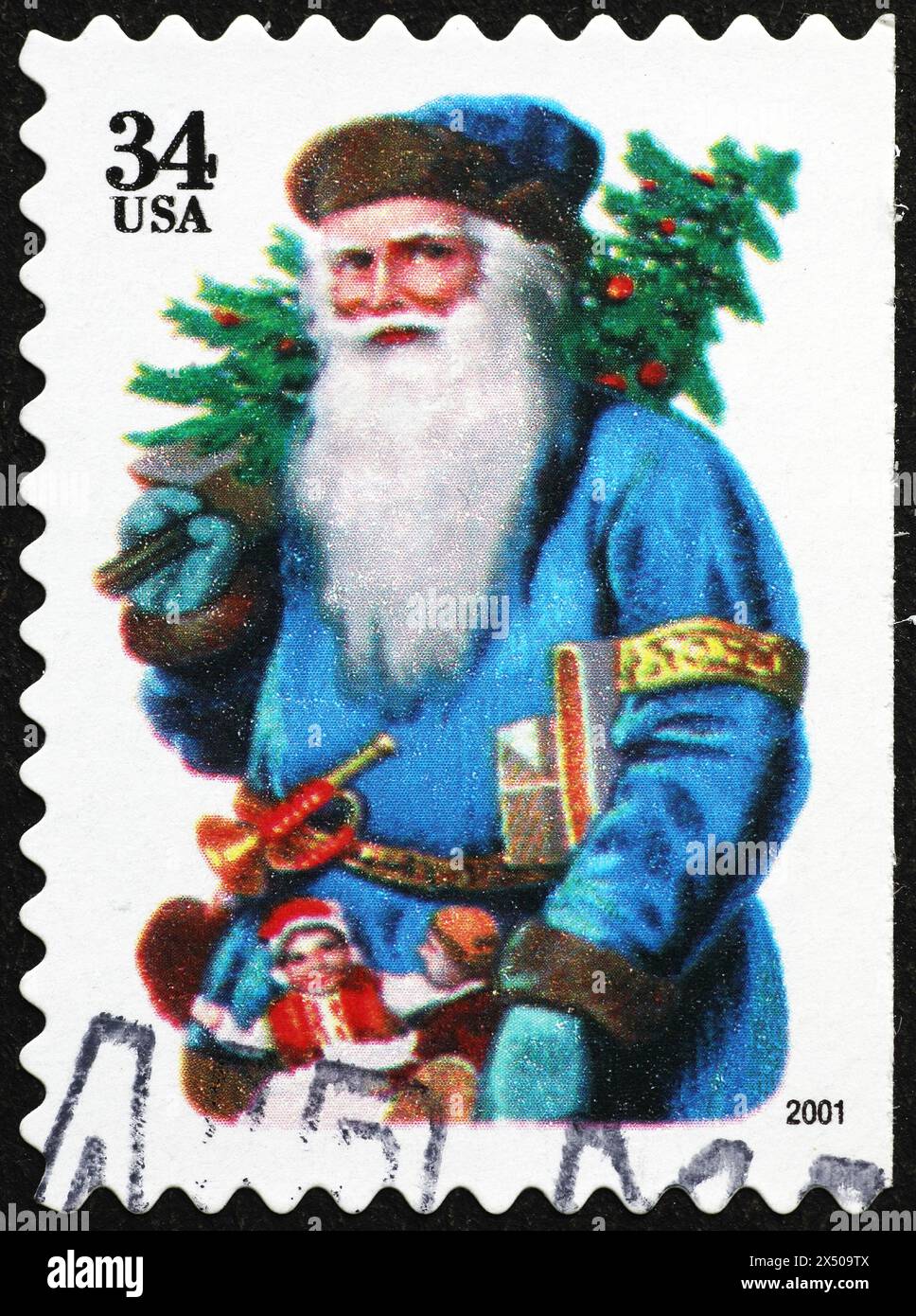 Santa Claus blue-dressed on american stamp Stock Photo - Alamy
