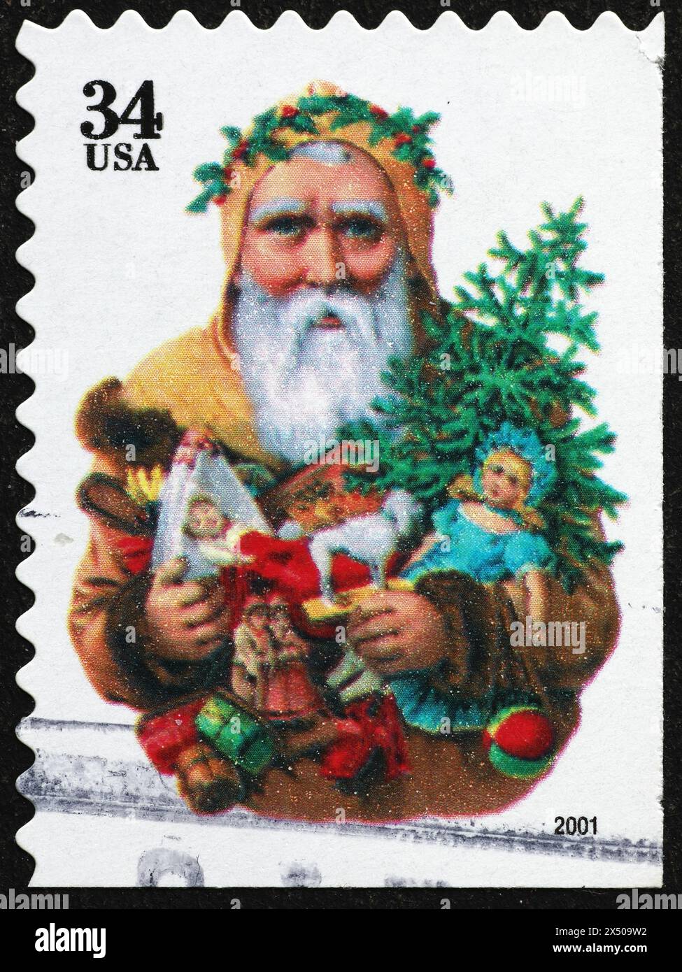 Vintage Santa Claus yellow-dressed on american stamp Stock Photo - Alamy