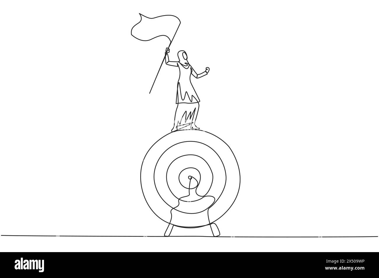 Single one line drawing of Arabian businesswoman standing on big arrow ...