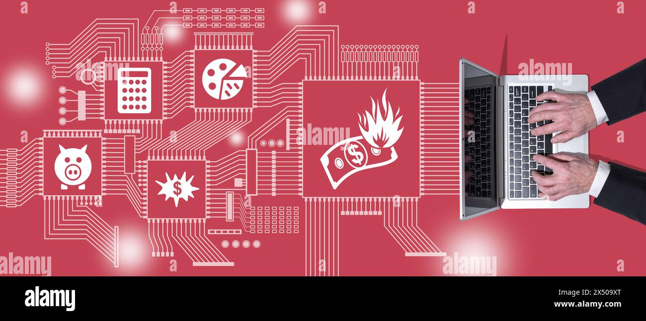 Top view of hands using laptop with symbol of inflation concept Stock ...