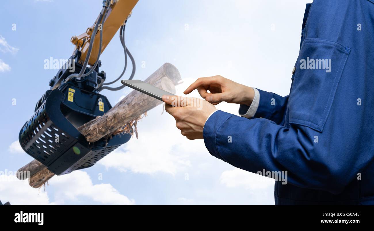 Worker with digital tablet controls process of loading timber Stock ...