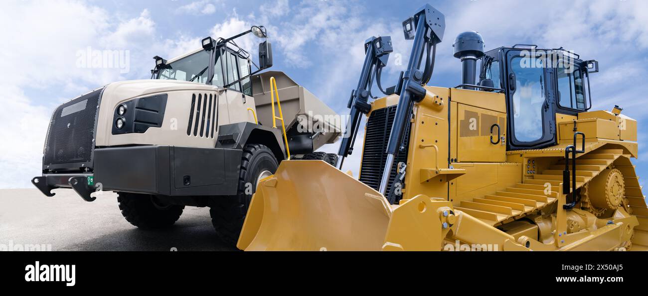 Fleet of mining machines, bulldozer and truck Stock Photo - Alamy
