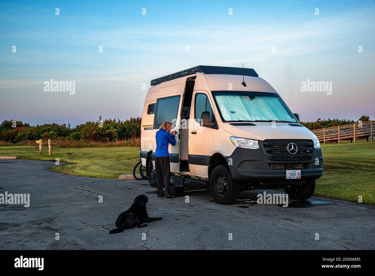 Single adult woman and her dog outside Mercedas Benz camper van camping ...