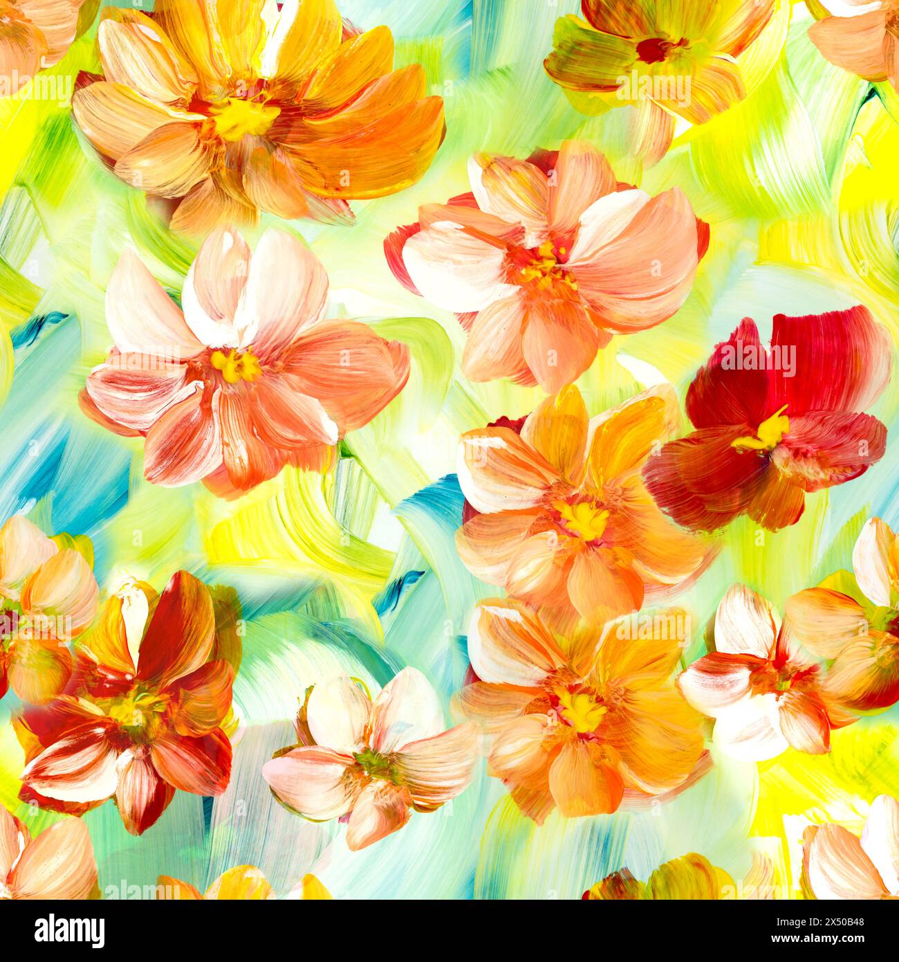 Seamless pattern of abstract painting flowers, original hand drawn ...