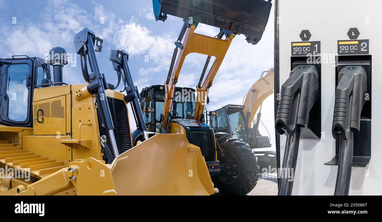Electric construction machines with charging station. Concept Stock ...