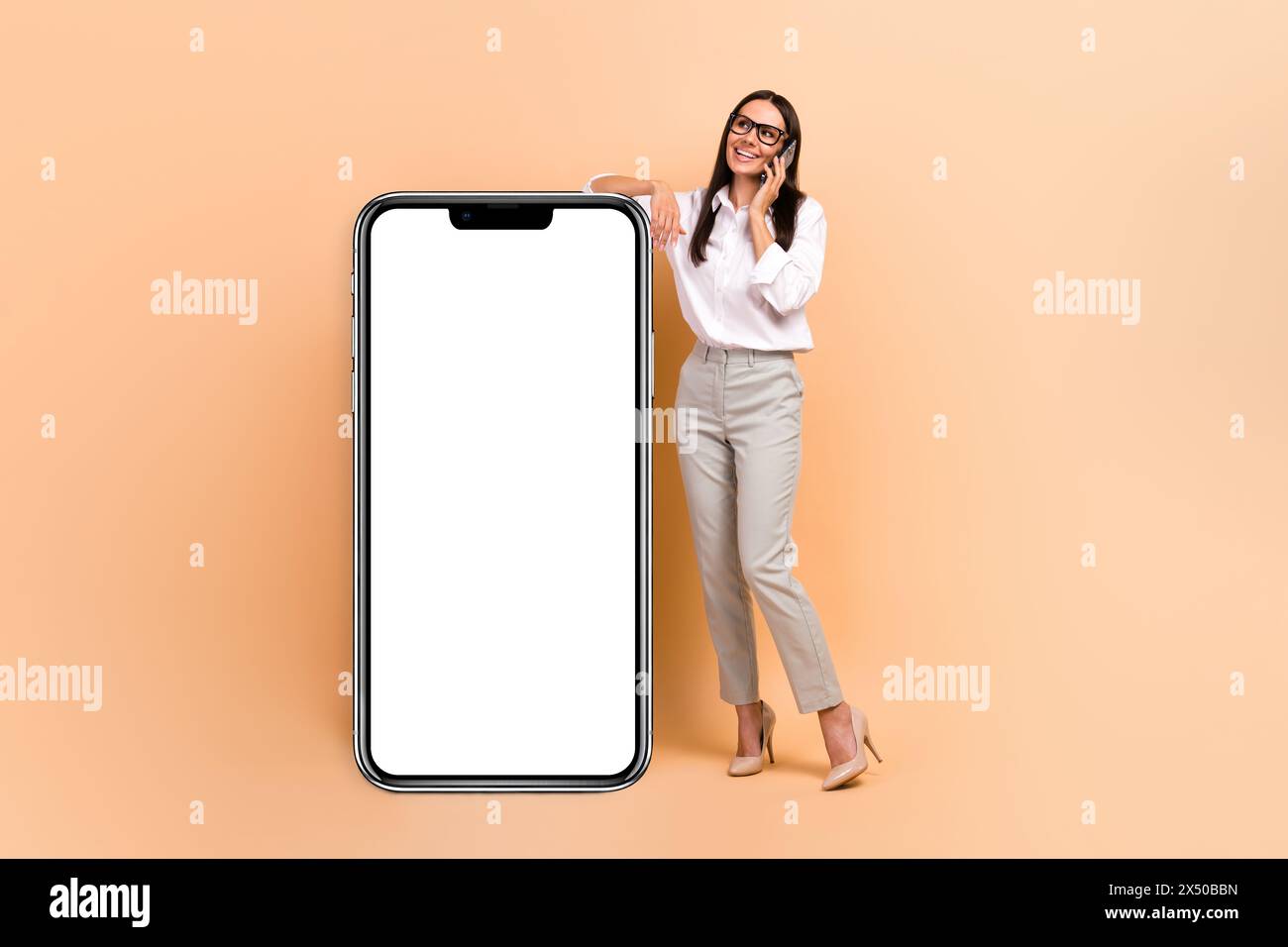 Full body portrait of elegant banker lady speak telephone huge empty ...