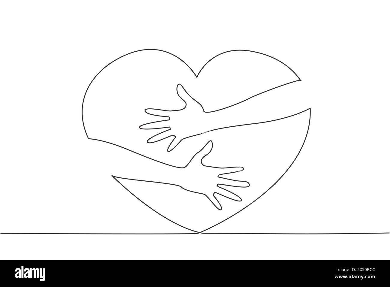 Single one line drawing of hands hugging big red heart. Hands holding ...