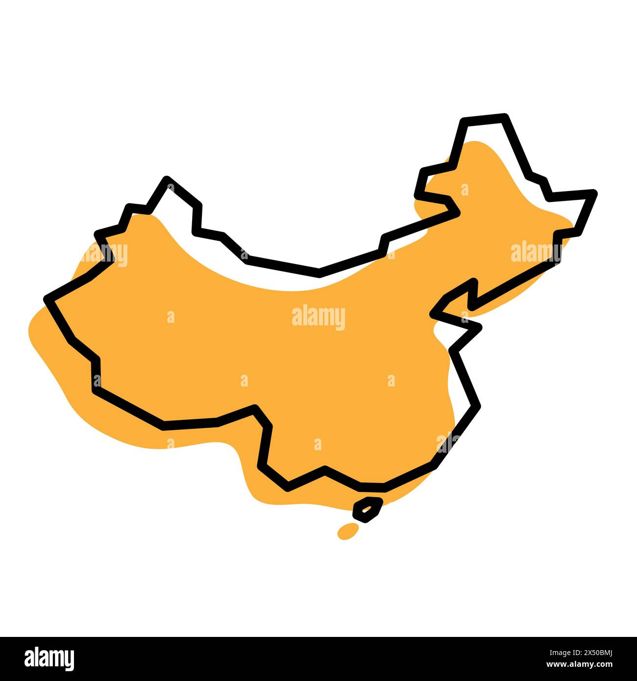 China country simplified map. Orange silhouette with thick black sharp ...