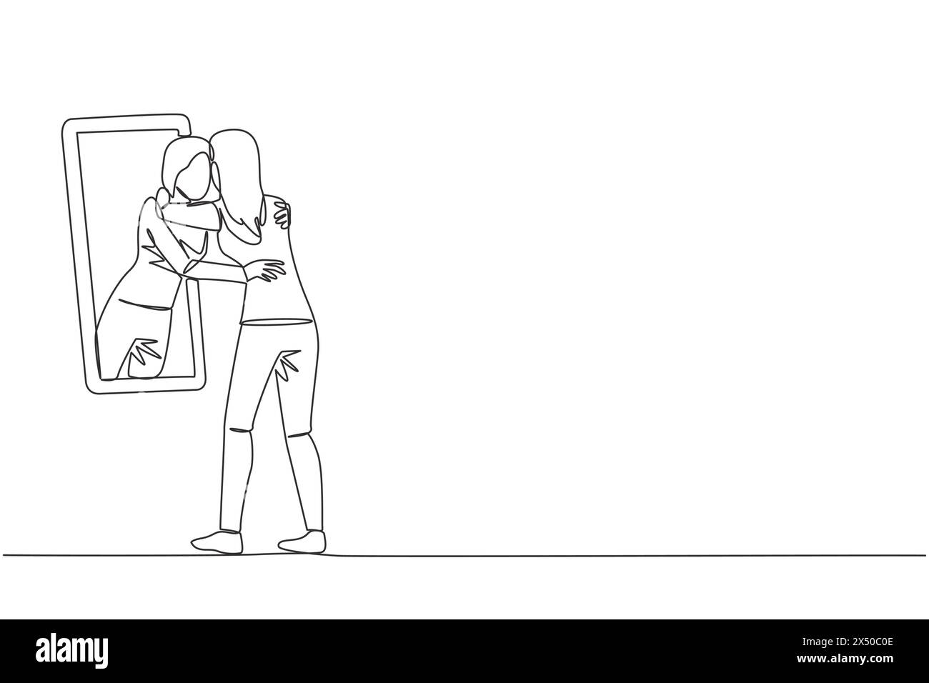 Single continuous line drawing of young beautiful woman stand in front ...