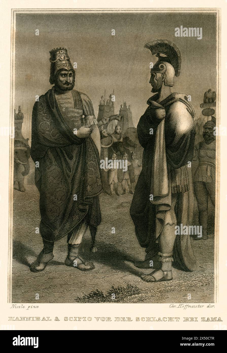 Second Punic War, "Hannibal and Scipio before the battle of Zama", copperplate engraving, Africa ...